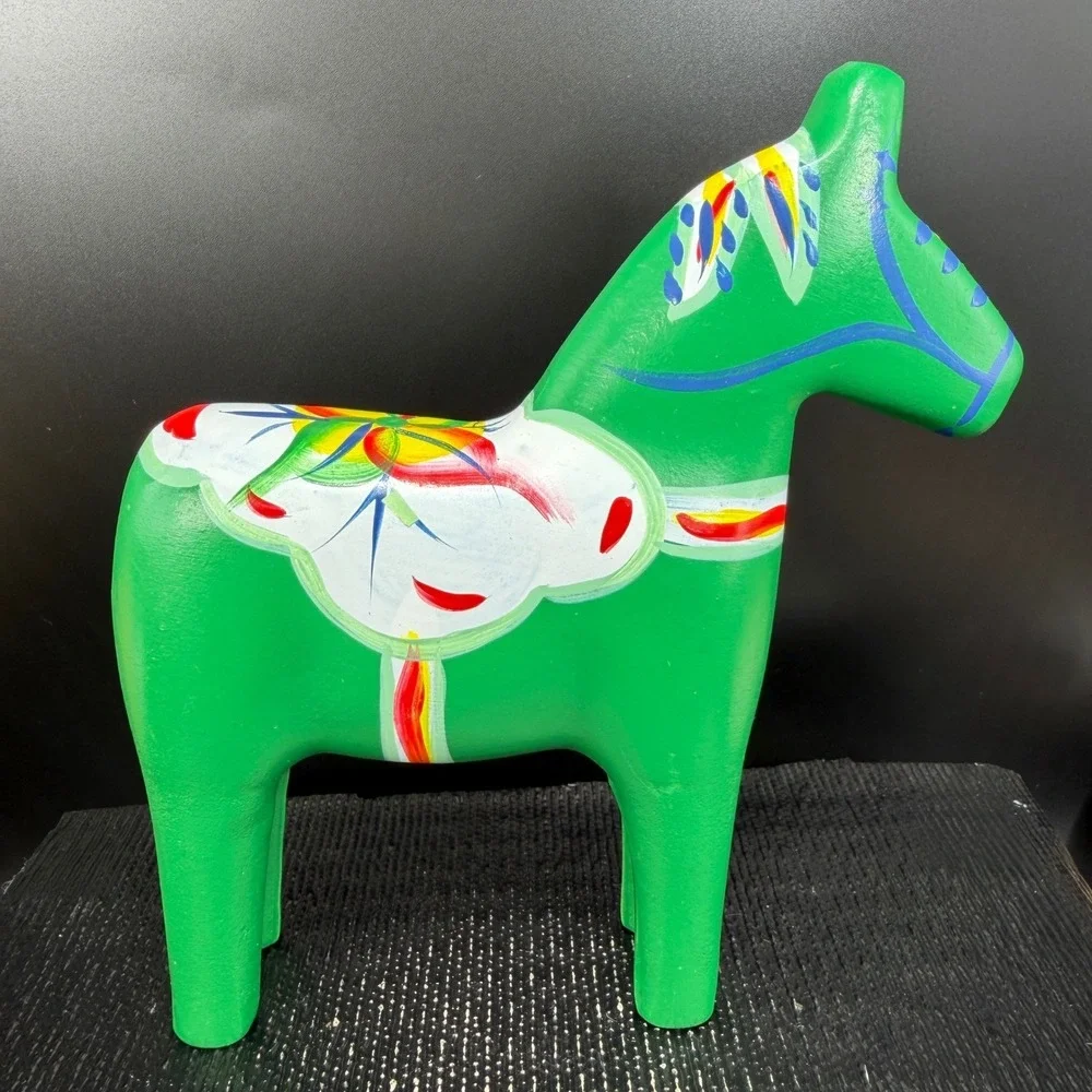 Art | Vintage Swedish Dala Horse Green Hand Painted Wooden Folk Art ...